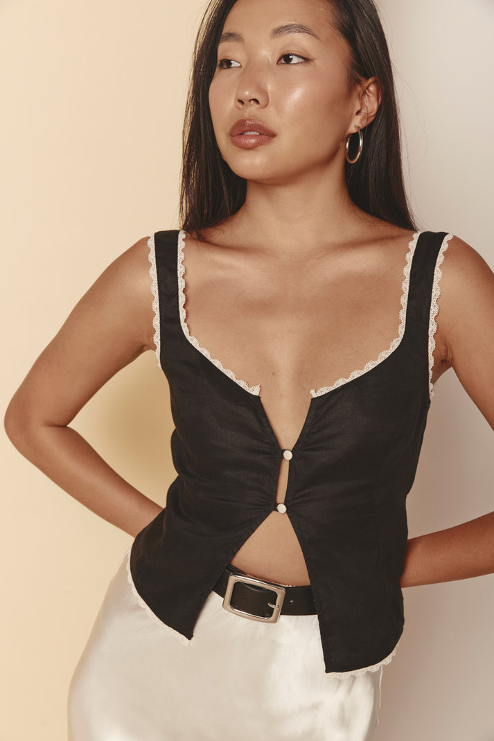 Love Language Linen Button Front Top Black – VRG GRL